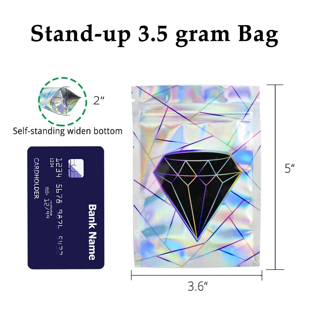 100 Pack Holographic Black Diamond Custom Designed 3.5 Gram Mylar Bags ...