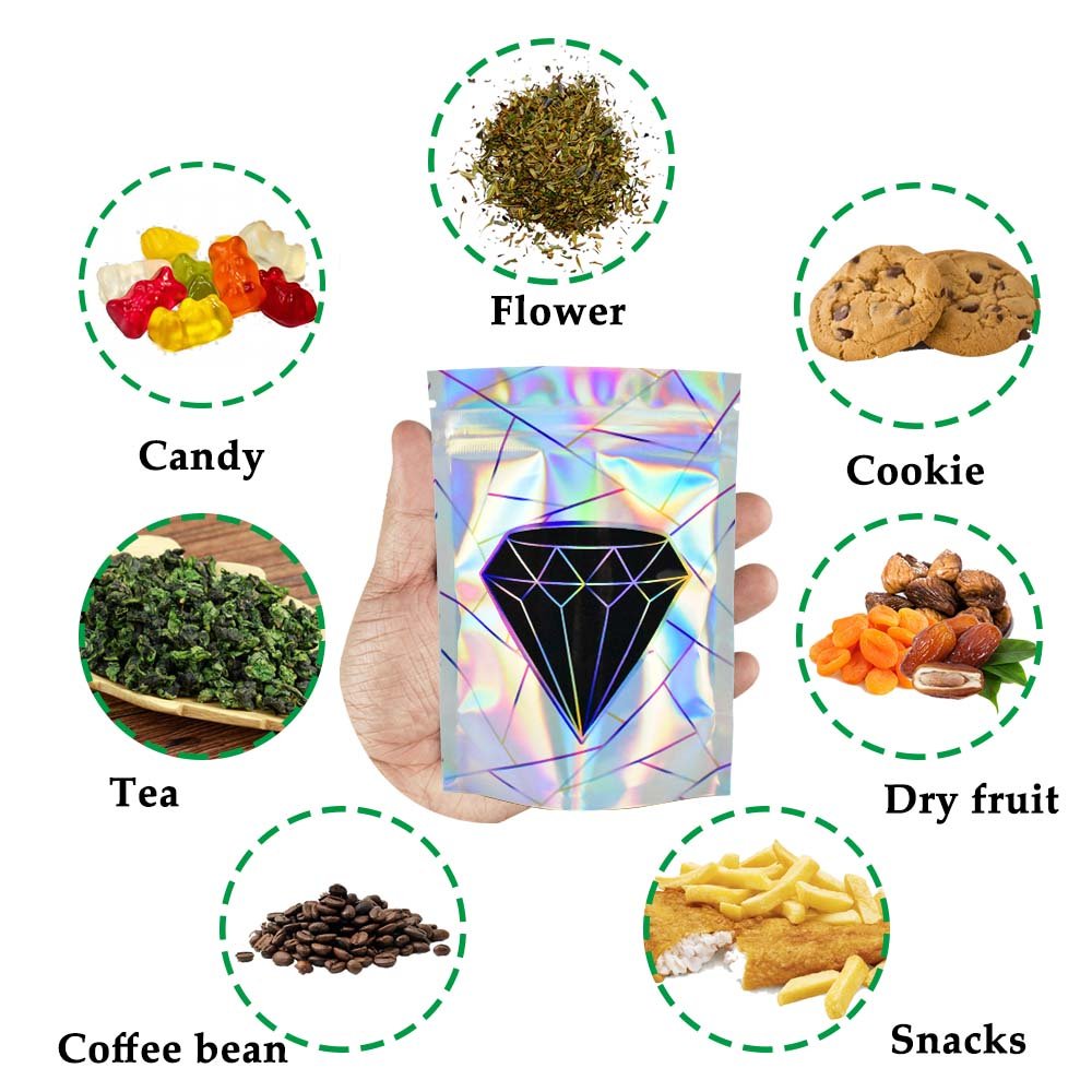 100 Pack Holographic Black Diamond Custom Designed 7 Gram Mylar Bags E ...